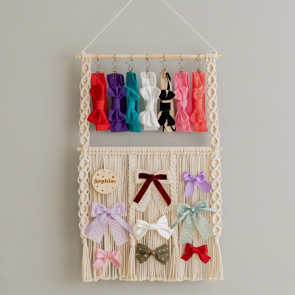 Macrame Hair Bow Holder – Personalized Boho Wall Bow Organizer I59